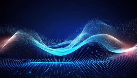 Futuristic Digital Wave With Colorful Glowing Lines And Particles On Dark Blue Background
