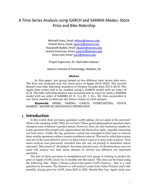 Pdf A Time Series Analysis Using Garch And Sarima Modes Stock Price And Bike Ridership