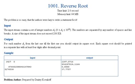 Coding Exercise Timus 1001 Reverse Root C Solution Online Judge Algorithms