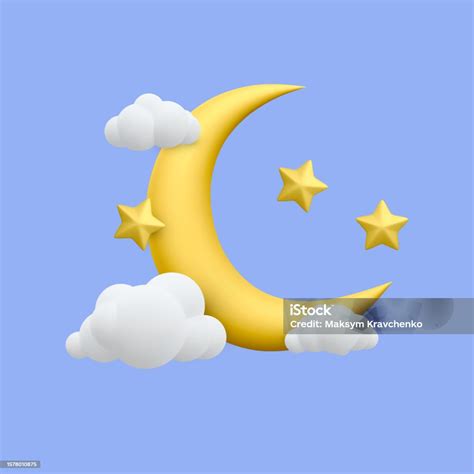 별과 구름이 있는 3d 현실적인 노란색 초승달 꿈 자장가 배너 브로셔 소책자 포스터 또는 웹 사이트에 대한 꿈 디자인 배경 벡터