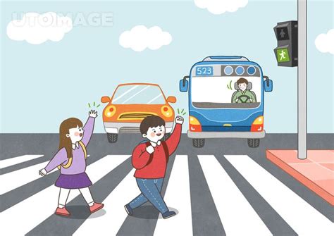 어린이안전교육 003 Spai546 유토이미지 일러스트 어린이 안전교육 안전 교육 교통안전 도로 손들기 횡단보도 신호등 버스 자동차 확인 초록불