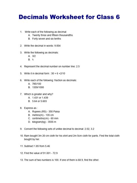 Decimals Worksheet For Class 6 Pdf