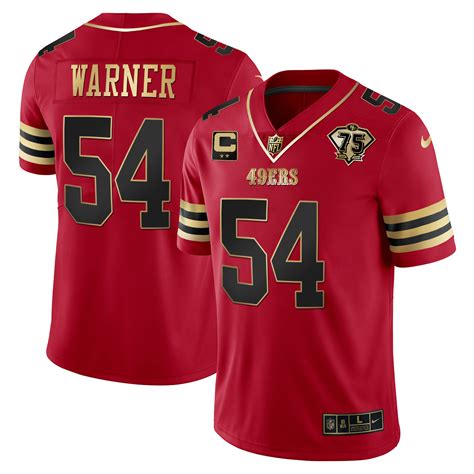 Mens Fred Warner San Francisco 49ers 75th Anniversary Patch Vapor Gold Black Red Jersey V2