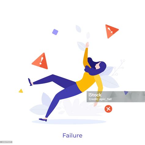 주의 표지판에 둘러싸인 떨어지는 여자 비즈니스 또는 기업가 정신 실패 패배 또는 실패 경력 위기 직장 실패의 개념 현대 평면 다채로운 벡터 일러스트 그림 대한 배너 포스터