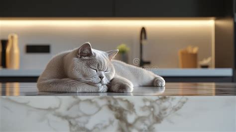 British Shorthair Cat Resting On A Marble Countertop Under Soft Golden Kitchen Lighting Stock
