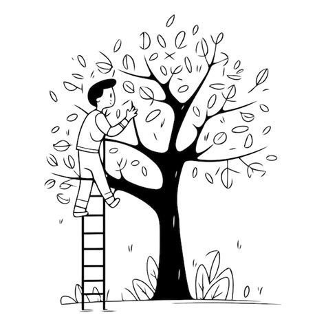 Vector Hand Drawn Illustration Of A Man Pruning A Tree With A Ladder Premium AI Generated Vector