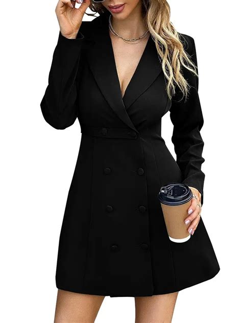 Elegant Waist Lapel Blazer Dress Long Sleeve Solid V Neck Work Office