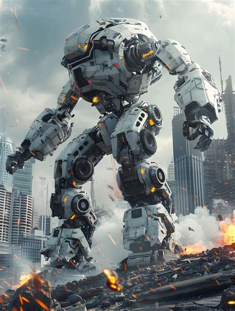 Futuristic Bipedal Combat Mech Engaging In Explosive Battle Amidst