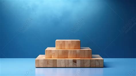 파란색을 배경으로 한 3d 렌더링의 나무 연단 놀라운 디스플레이 솔루션 연단 배경 제품 디스플레이 배경 놀라 배경 이미지 Hd 연단 제품 디스플레이 놀라 배경