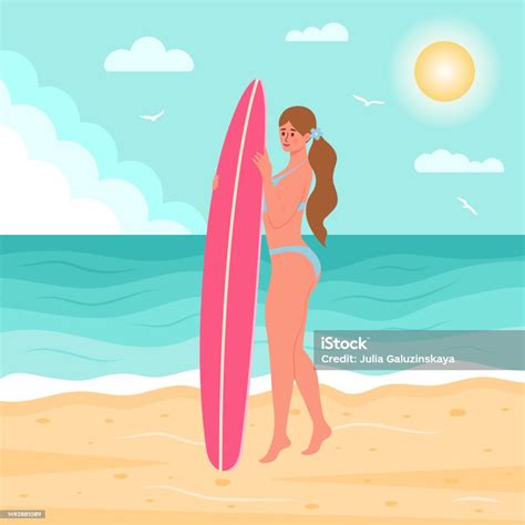 해변에서 서핑보드를 타고 수영복을 입은 여자 여름 바다 경치 활동적인 스포츠 서핑 휴가 개념 플랫 만화 벡터 그림입니다 플랫 디자인에 대한 스톡 벡터 아트 및 기타 이미지