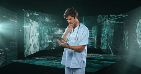 image of data processing over smiling caucasian businessman using
