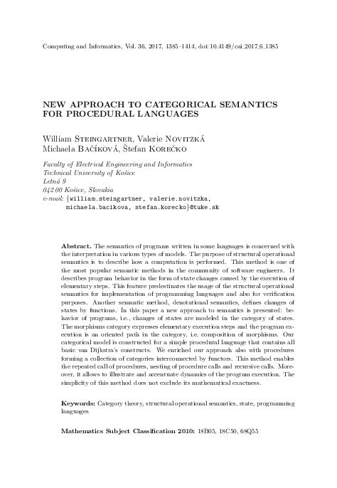 New Approach To Categorical Semantics For Procedural Languages Computing And Informatics