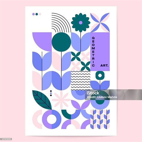 녹색 잎 포스터 추상적 인 기하학적 꽃 배경 최소한의 모자이크 식물 장식 Bauhaus 스칸디나비아 타일 구성 브로셔 전단지 디자인 벡터 일러스트 레이 션 0명에 대한 스톡