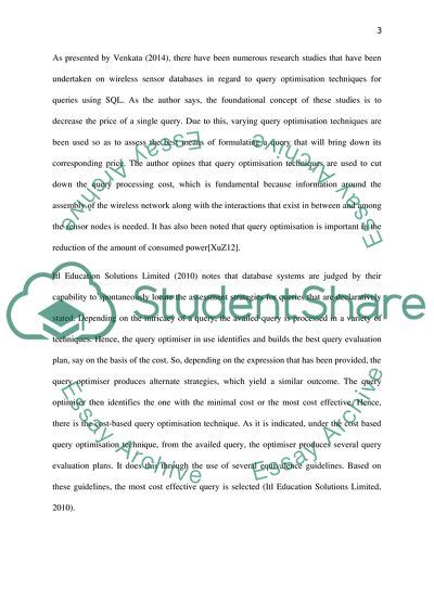 Query Optimisation In Wireless Sensor Networks Database Literature Review Example Topics And