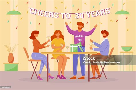 생일 플랫 벡터 그림입니다 친구와 함께 축하 삼십대 기념일에 쾌활한 남자 30 년 환호 남녀 가 칵테일 파티 에 카페 만화 캐릭터 30에 대한 스톡 벡터 아트 및 기타
