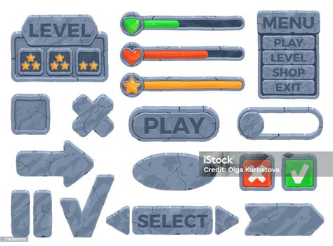 Stone Ui 프레임 및 버튼 중세 롤플레잉 요소 바위 질감 보드 진행률 표시줄 및 명판 게임 디자인 템플릿 간판 및 화살표 만화 평면 고립된 오늘날의 벡터 세트 개체