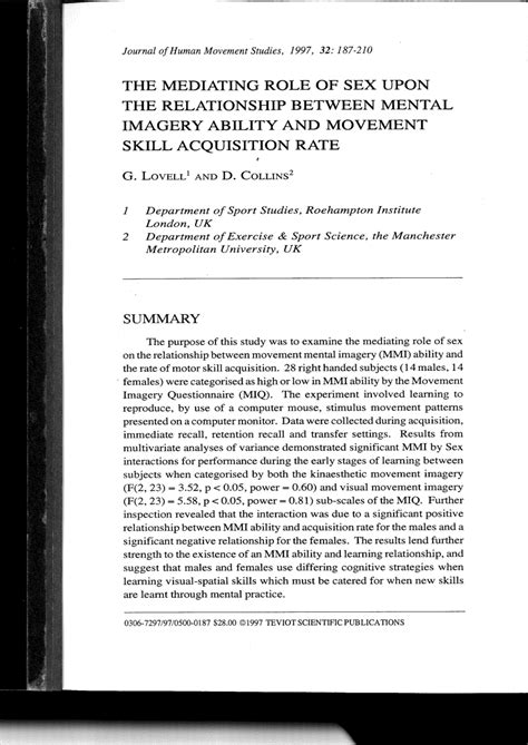 PDF The Mediating Role Of Sex Upon The Relationship Between Mental Imagery Ability And