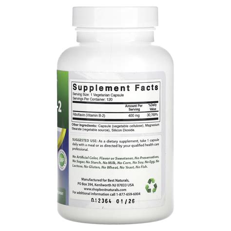 Best Naturals Vitamin B 2 Riboflavin 400 Mg 120 Vegetarian Capsules