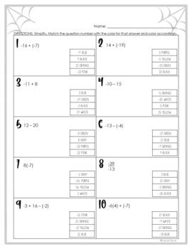 Halloween Math Color By Number Integer Operations By Kacie Travis