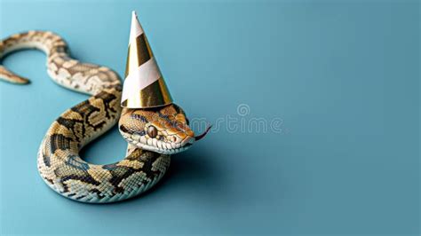 Party Python Celebratory Serpent With Festive Hat On Blue Background