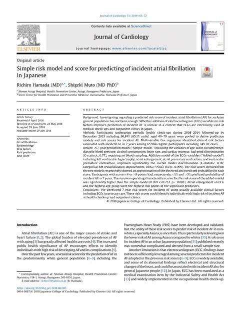 Pdf Simple Risk Model And Score For Predicting Of Incident Atrial Fibrillation In Japanese