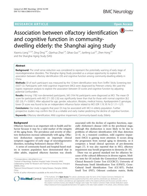 Pdf Association Between Olfactory Identification And Cognitive Function In Community Dwelling
