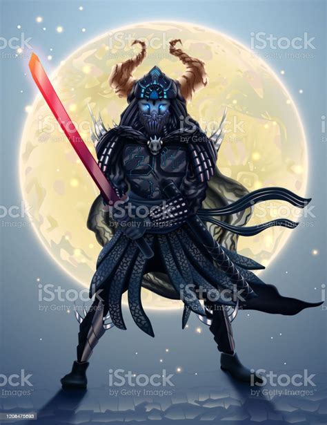 달 위에 일본 사무라이 실루엣 어두운 갑옷에 불타는 칼을 가진 판타지 전사 아시아 전투기 닌자와 위험한 전투 무술 기호입니다 벡터 그림입니다 사무라이에 대한 스톡 벡터 아트