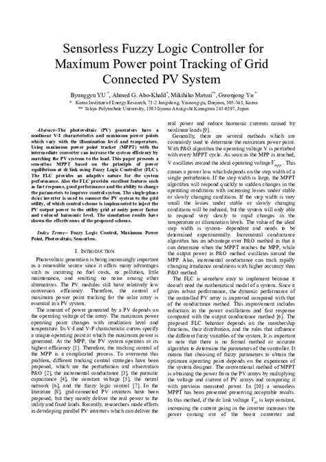 Pdf Sensorless Fuzzy Logic Controller For Maximum Power Point Tracking Of Grid Connected Pv System