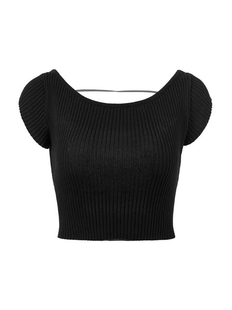 Emmiol Free Shipping 2023 Backless Ribbed Knit Cropped Tank Top Black M In Tank Tops Online