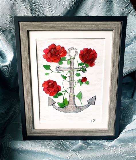 Sea Glass Art Genuine Seaglass Anchor And Red Roses Nautical Decor Beach House Picture T