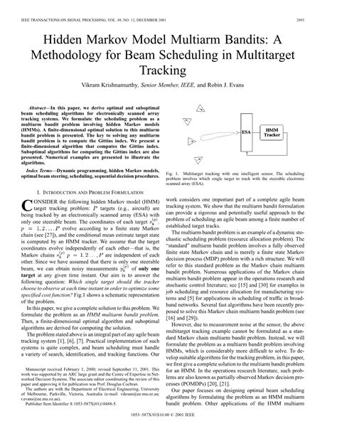 Hidden Markov Model Multiarm Bandits A Methodology For Beam Scheduling In Multitarget Tracking
