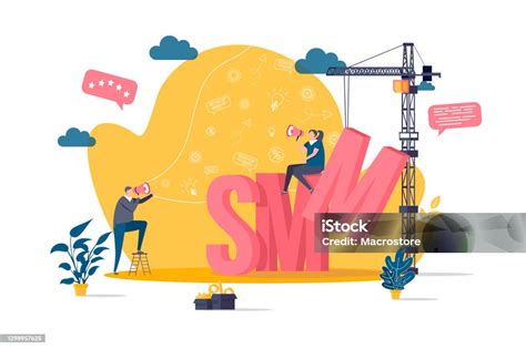 플랫 스타일로 Smm 컨셉 마케터는 메가폰 장면에서 발표합니다 디지털 마케팅 캠페인 발표 및 홍보 웹 배너 개념에 대한 스톡 벡터 아트 및 기타 이미지 Istock