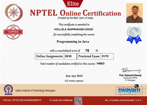 Sai Prakash Vollala On Linkedin Java Programming Nptel Certification