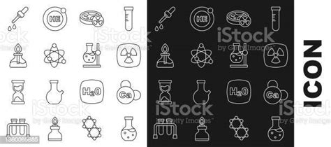 세트 라인 테스트 튜브 미네랄 카 칼슘 방사성 독성 액체 원자 알코올 또는 정신 버너 파이펫 및 플라스크 스탠드 아이콘에 벡터 가열장치에 대한 스톡 벡터 아트 및 기타