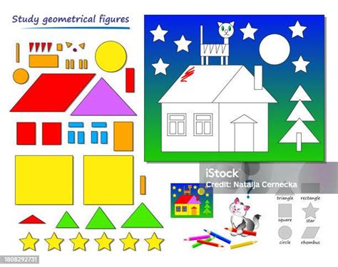 어린이를 위한 교육 페이지 해당 기하학적 도형을 찾아 그림을 그립니다 색칠 공부 어린이 학교 수학 교과서를 위한 워크시트입니다 논리 퍼즐 게임 평면 만화 벡터입니다 0명에
