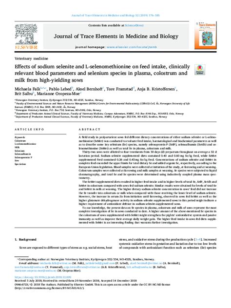 Pdf Effects Of Sodium Selenite And L Selenomethionine On Feed Intake Clinically Relevant