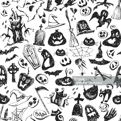 만화 스타일의 할로윈 개념입니다 흰색 배경에 소름 끼치는 자유형 선 그림 응용 프로그램 인쇄 응용 프로그램을 위한 창의적인 축제 원활한 배경 할로윈에 대한 스톡 벡터 아트