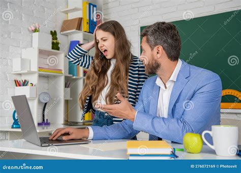Surprised Girl With Tutor In Classroom Use Laptop Stock Image Image Of Tutor Communication