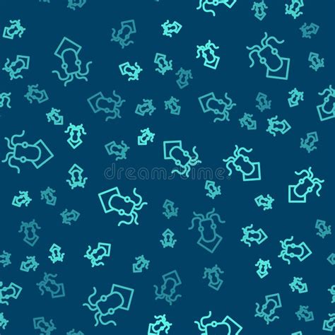 Green Line Octopus Icon Isolated Seamless Pattern On Blue Background