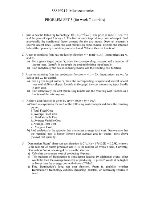 Problem Set 5 Week 5 Qs 5sspp217 Microeconomics Problem Set 5 For