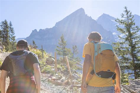 여름에 아름다운 알프스 풍경 속에서 하이킹을 하는 두 남자 스위스 알프스에서 자연과 야외 활동을 즐기는 산책 25 29세에 대한 스톡 사진 및 기타 이미지 Istock