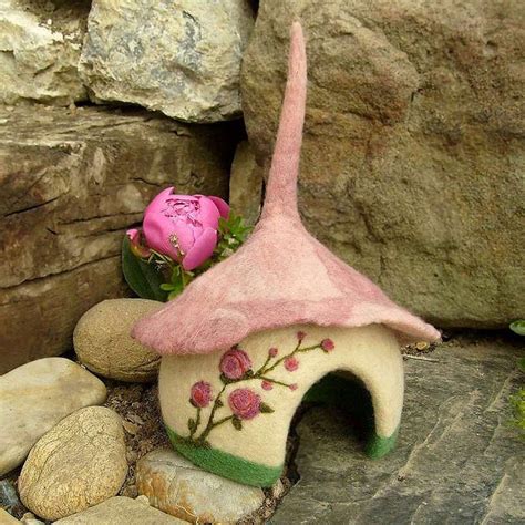 Gnome Home For Antique Rose Dryad Ooak Felt House Felted Wool