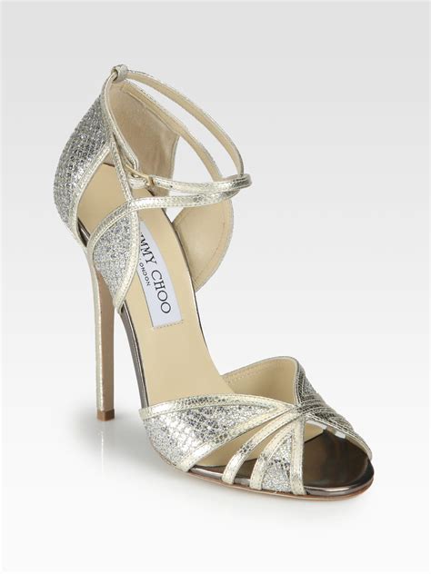 Lyst Jimmy Choo Fitch Glitter Metallic Leather Sandals In Metallic