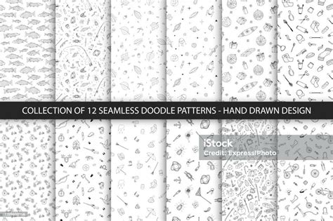 낙서 스타일의 매끄러운 손으로 그린 패턴세트 창의적인 반복 가능한 드로잉 윤곽 배경 0명에 대한 스톡 벡터 아트 및 기타 이미지 0명 가리기 개념 Istock