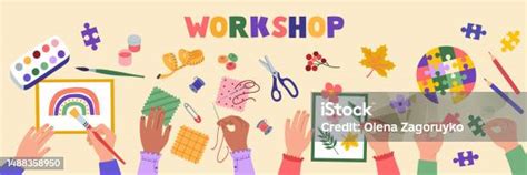 어린이를 위한 창작 워크숍 아이들이 손으로 만든 공예품을 만드는 테이블의 평면도 바느질 그림 그리기 식물 표본 상자 퍼즐 줍기 바느질하기에 대한 스톡 벡터 아트 및 기타