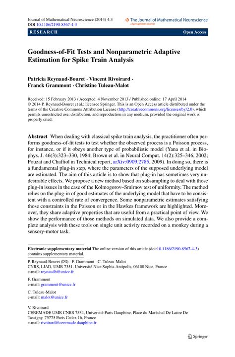 Pdf Goodness Of Fit Tests And Nonparametric Adaptive Estimation For Spike Train Analysis
