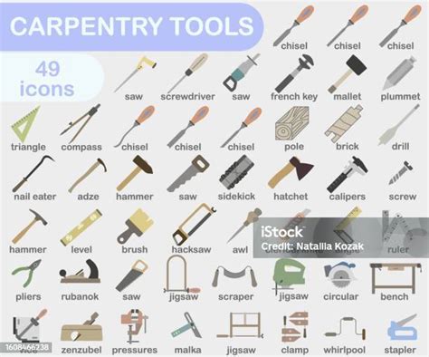 목공 도구 아이콘 모음입니다 제목이 있는 목공 도구의 밝은 아이콘입니다 목공 작업장을 위한 도구 벡터 그림입니다 건설 산업에 대한 스톡 벡터 아트 및 기타 이미지 Istock