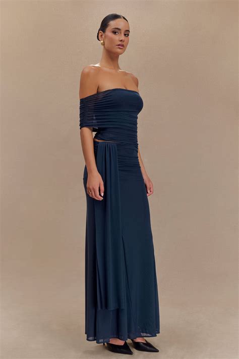 Arna Off Shoulder Mesh Crop Top Midnight Blue And Meshki Uk