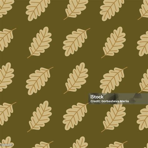 가을 잎 완벽 한 패턴입니다 녹색 배경에 참나무 잎을 그리는 손 직물 배경 포장 포장지 커버 케이스에 대 한 벡터 일러스트 레이 션 0명에 대한 스톡 벡터 아트 및 기타