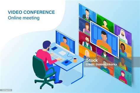 아이소메트릭 화상 회의 온라인 모임 작업 양식 홈 홈 오피스 다민족 비즈니스 팀 코로나 바이러스 전염병 동안 집에서 머물고 가정 개념에서 일하십시오 등측투영법에 대한 스톡